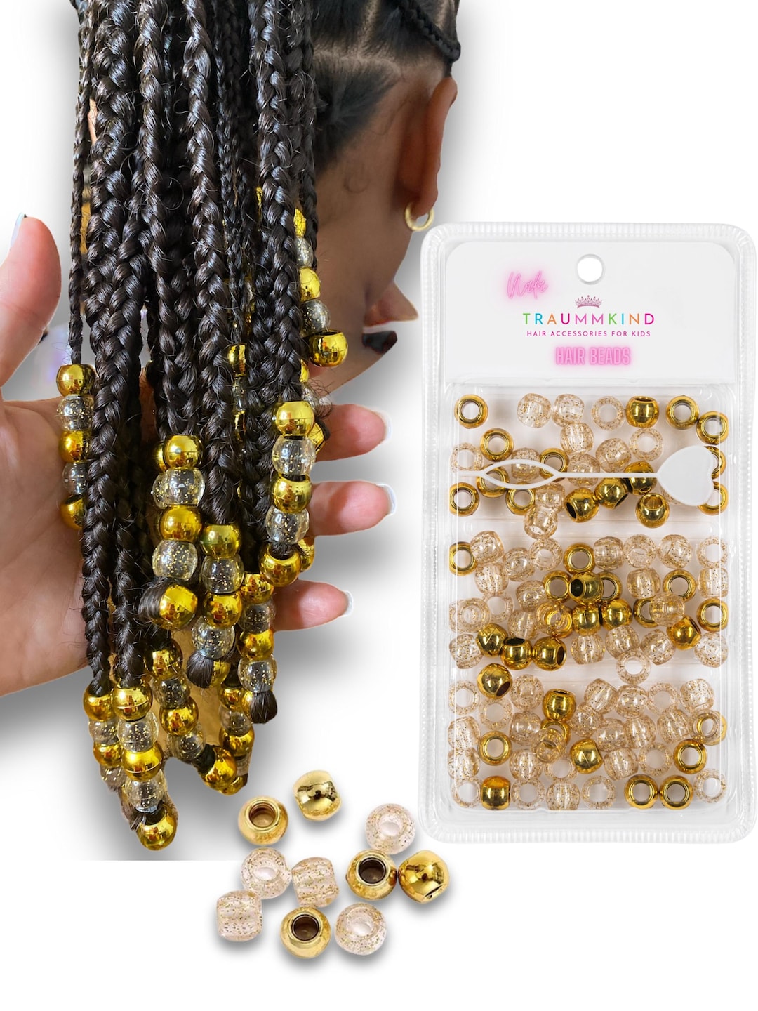 100 Hair Beads - Gold Glitter for Braids, Twists, Dreads, Braids ...
