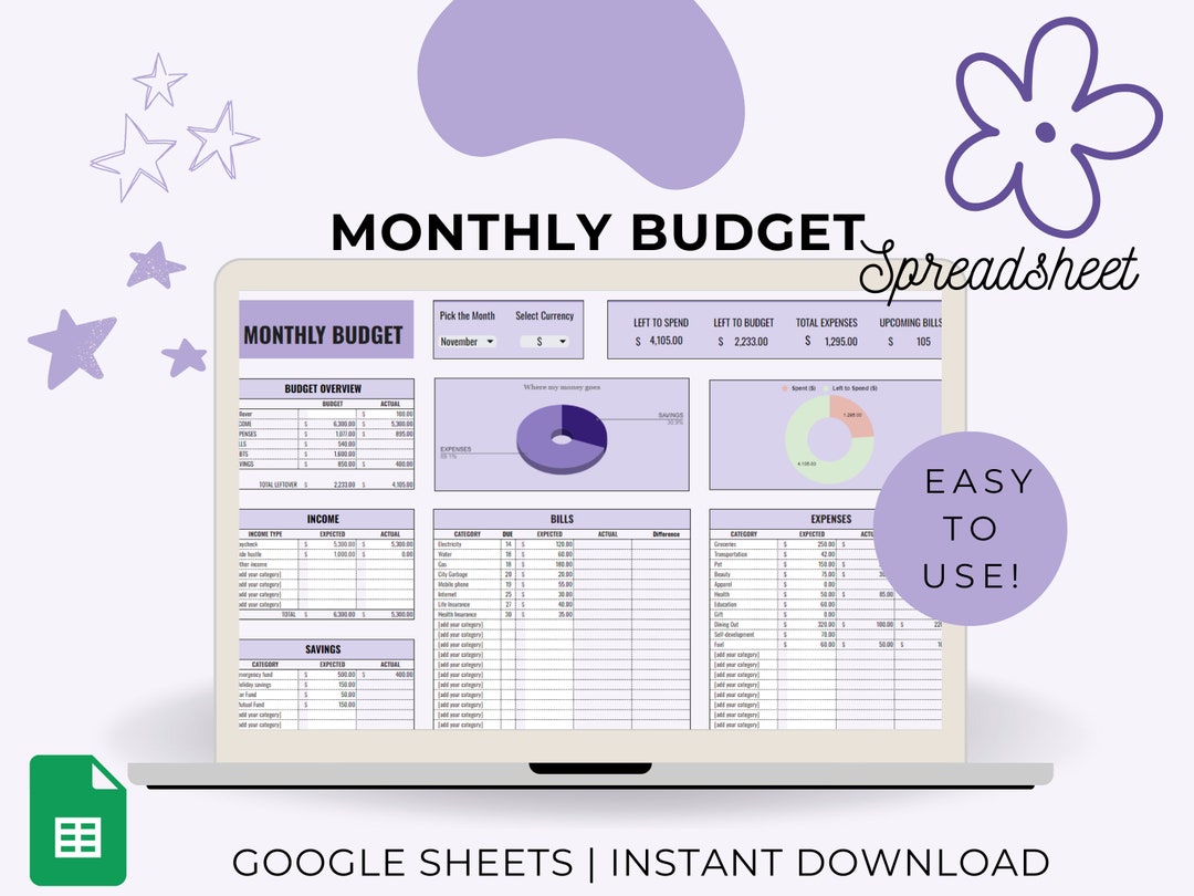 Easy Monthly Personal Budget Spreadsheet Template for Google Sheets ...