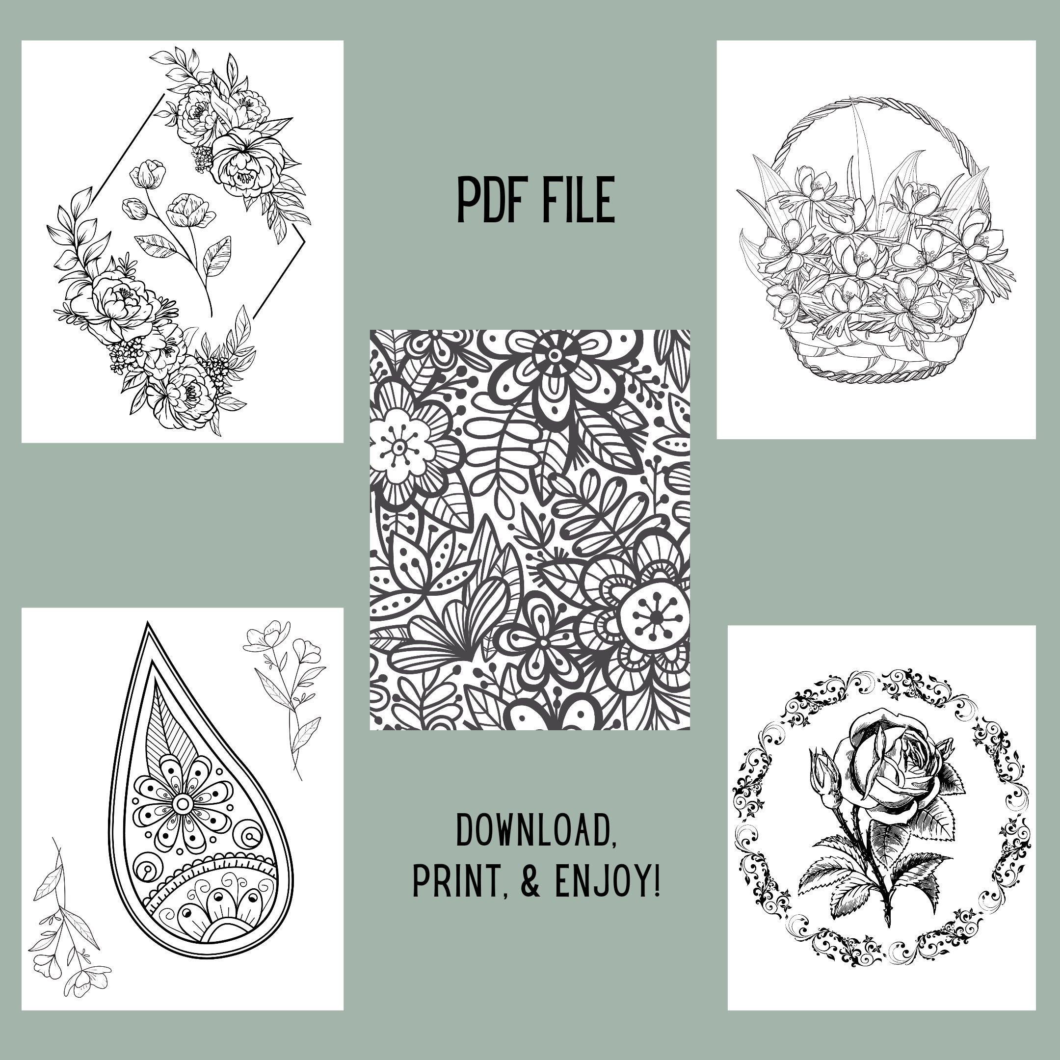 100 Flower Printable Coloring Pages for Adults, PDF Digital Coloring ...