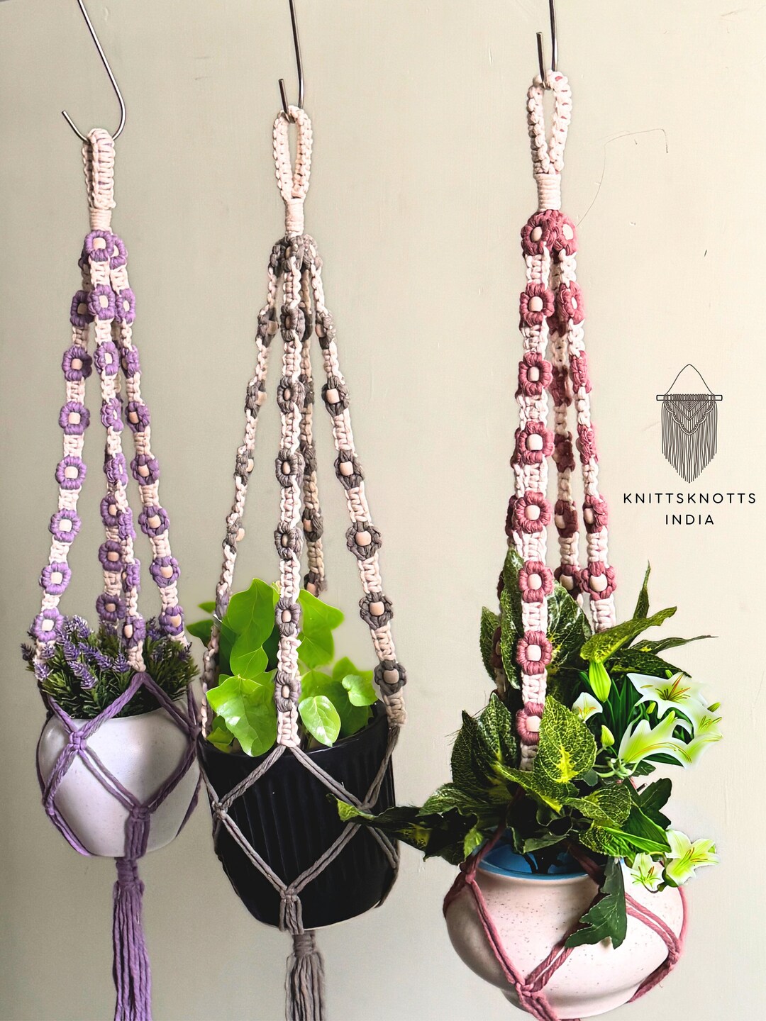 Tassel Free Plant Hangers, Set of 5 Macrame Hanging Plant Baskets ...