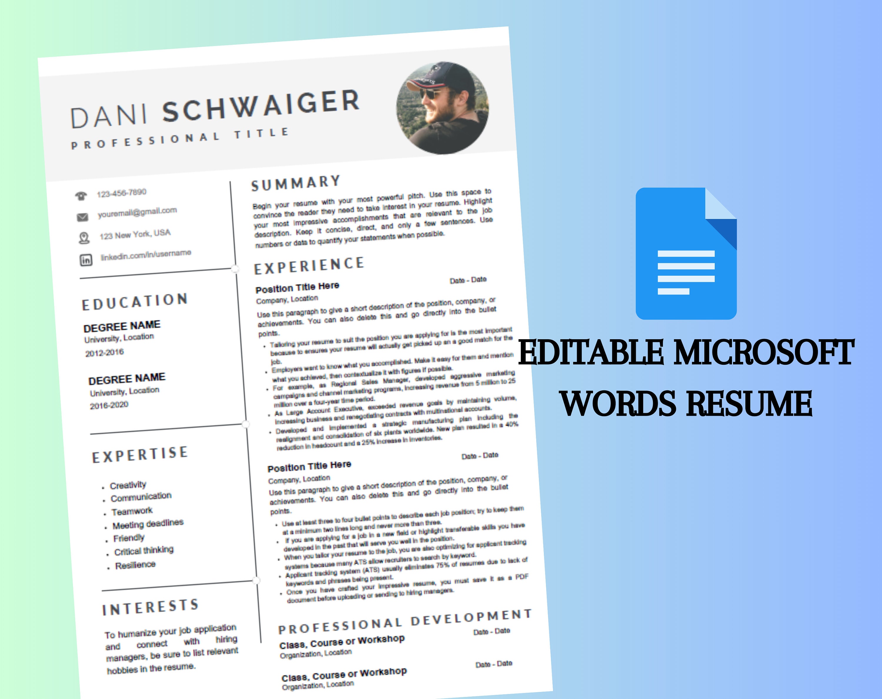 Professional Resume Template Words Resume Template Resume - Etsy