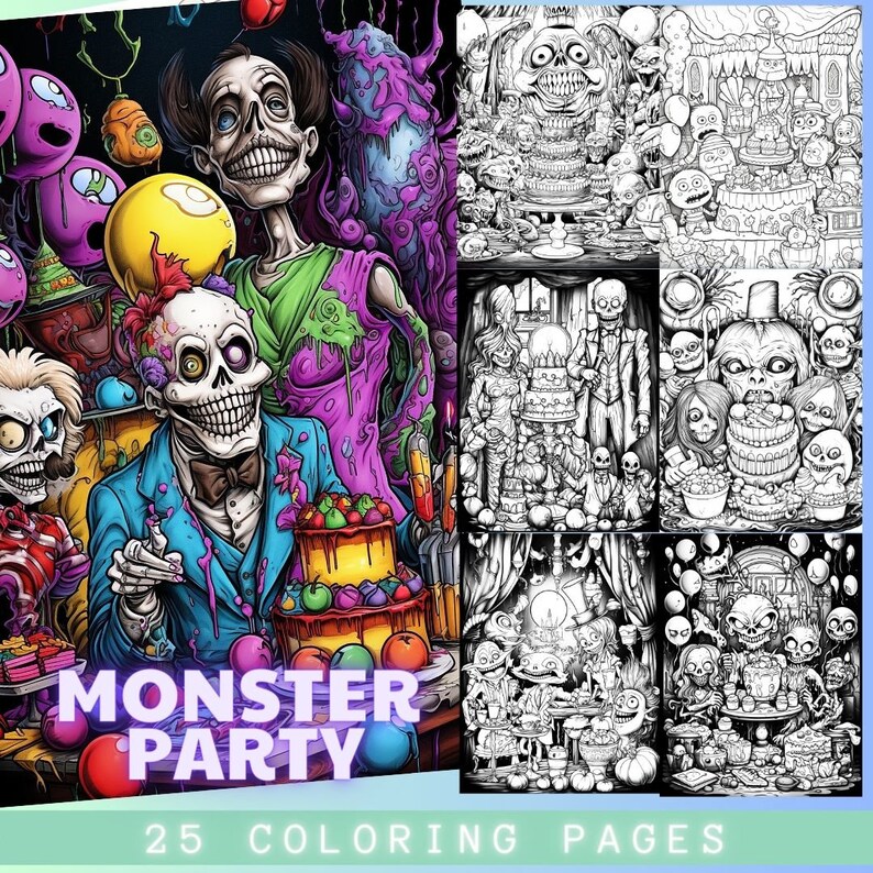 Monster Party Coloring Pages Halloween Coloring Pages - Etsy