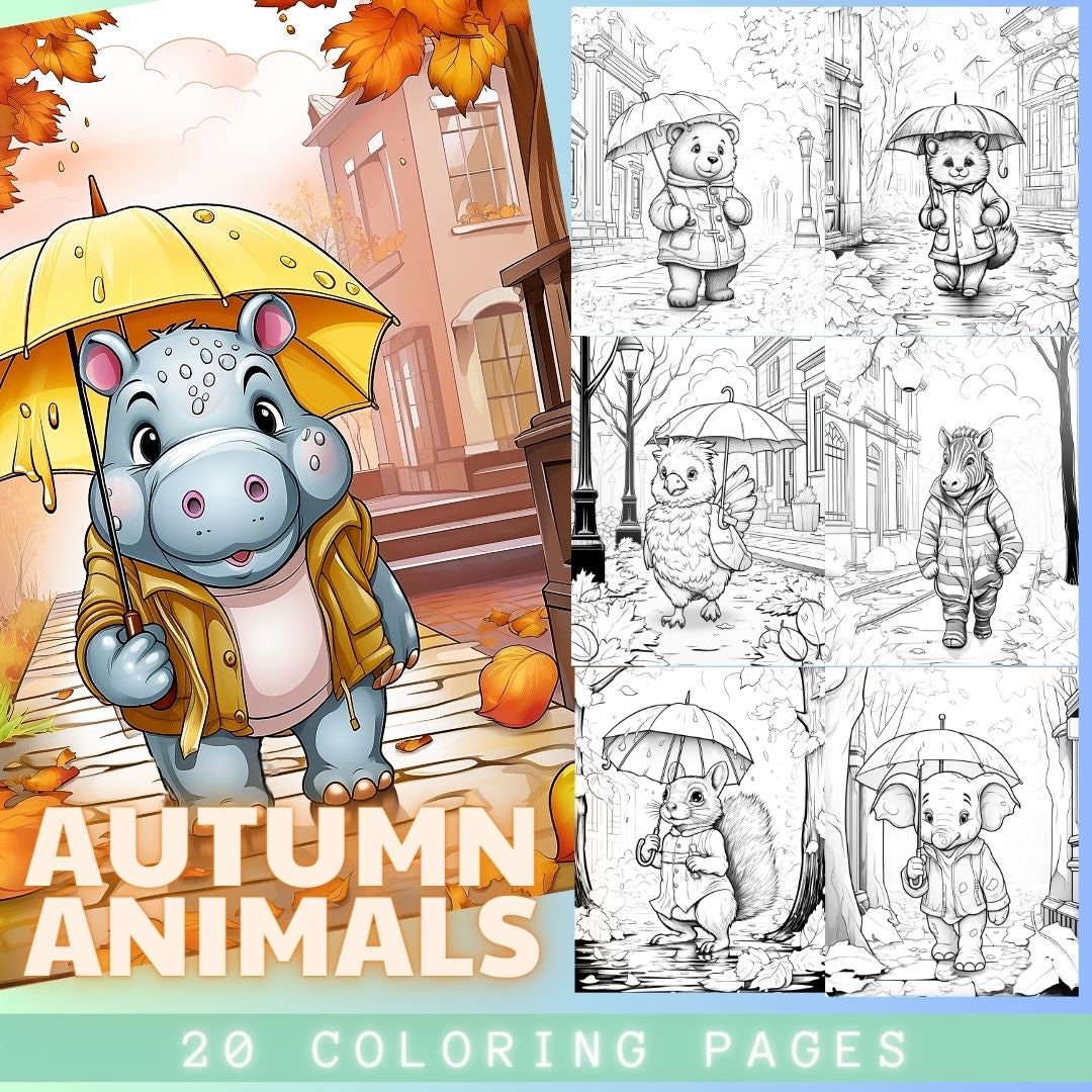 Autumn Animals Coloring Pages Book Stress Relief Cute Sweet Fall ...