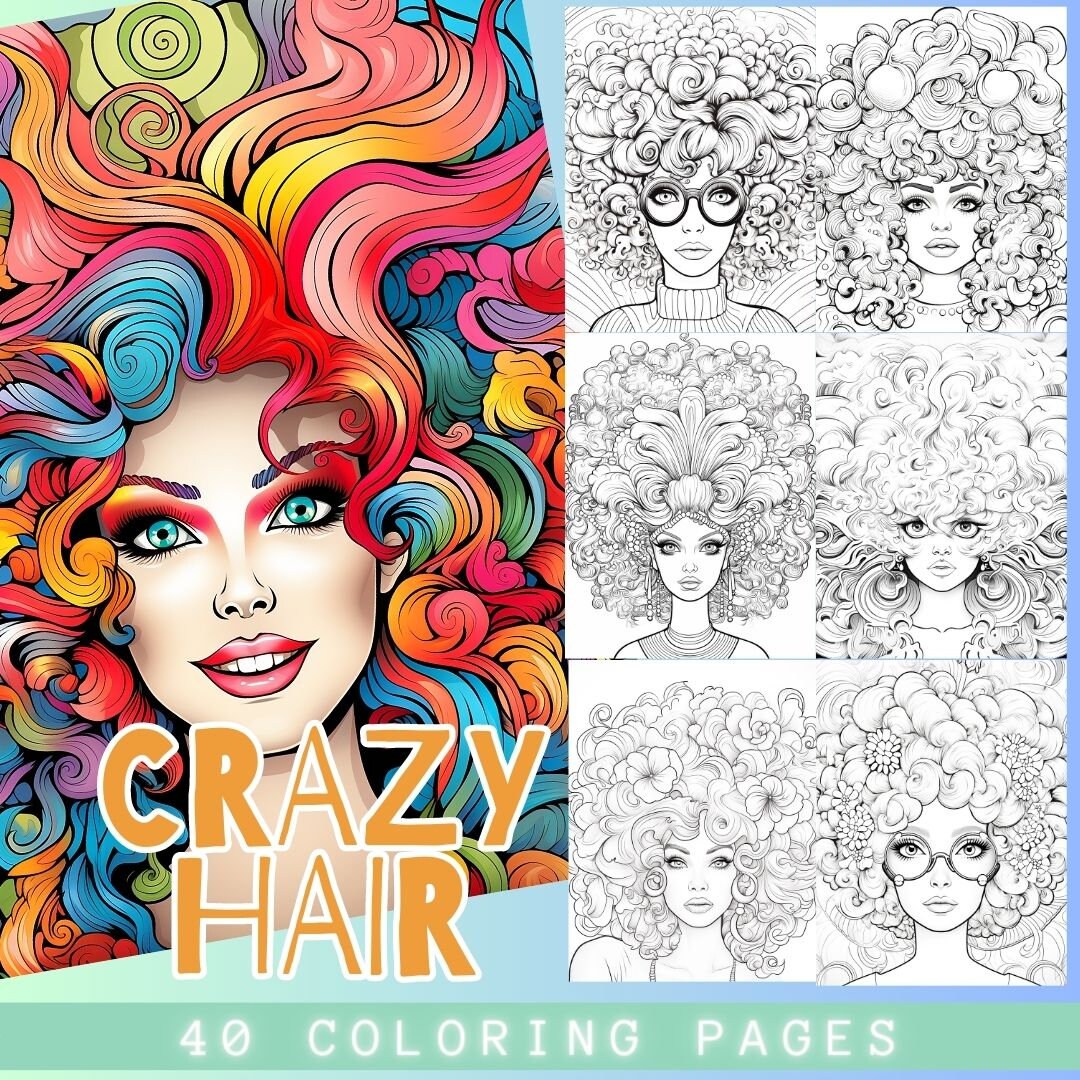 Crazy Hair Coloring Pages Funny Stress Relief Cute Coloring - Etsy