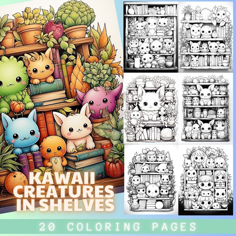 Kawaii Creatures in Shelves Coloring Pages | Cute Coloring Book ...
