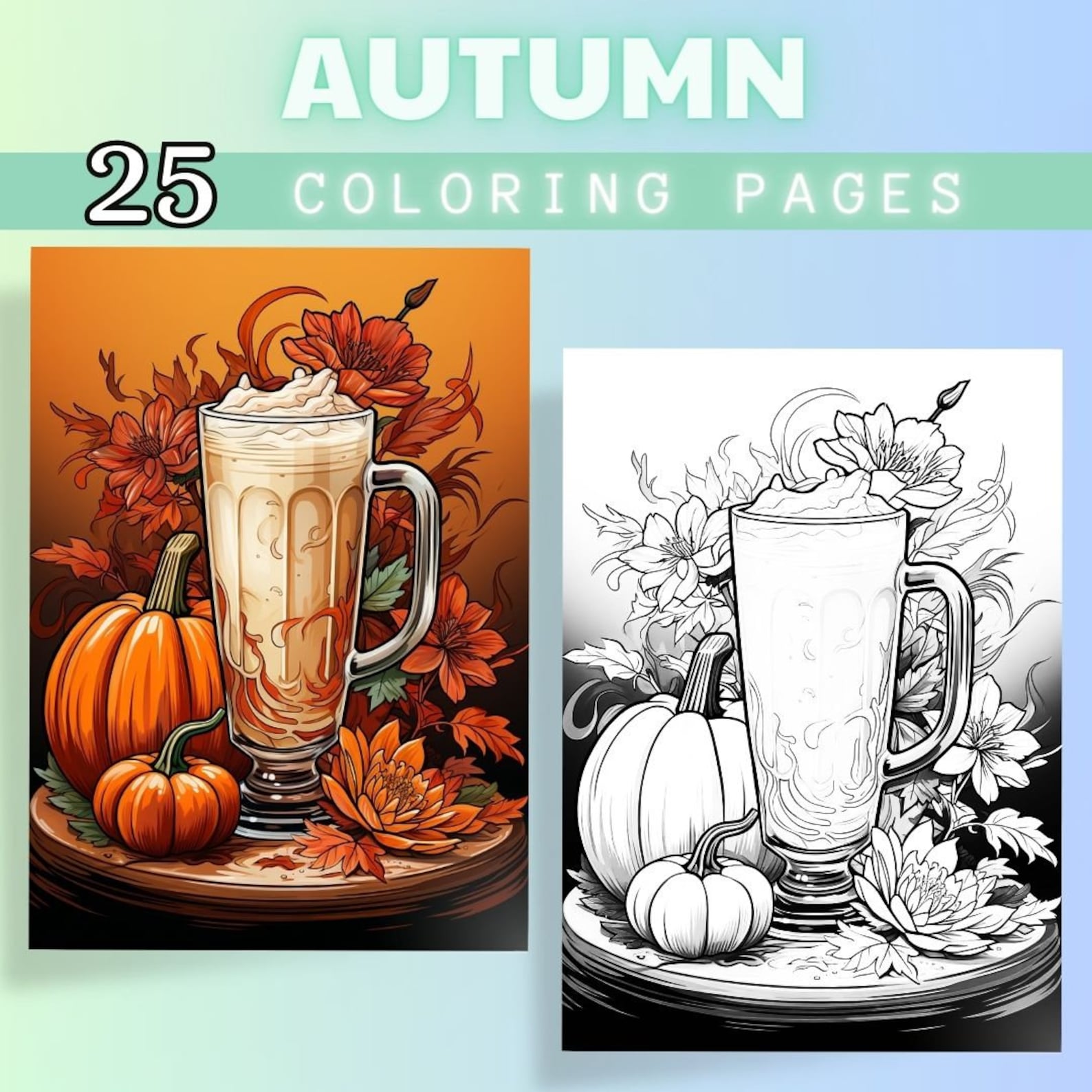 Fall Pumpkin Spice Coloring Pages Book Stress Relief Autumn Coloring ...