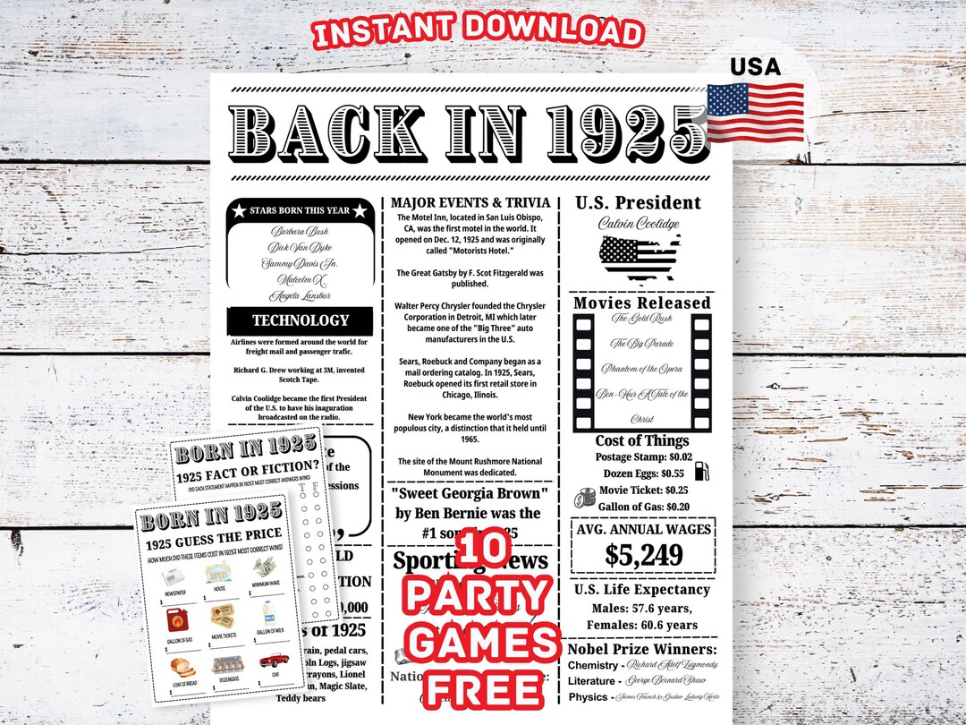 100th Birthday Trivia Fun Facts Back in 1925 Sign Poster , 100th ...