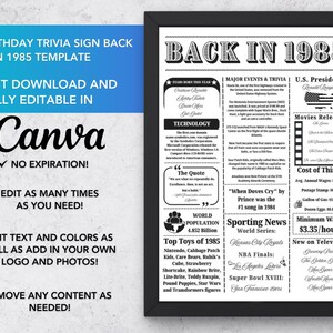 1985 40th Birthday Sign | Back in 1985 | Fun Facts 1985 | 1985 Trivia ...