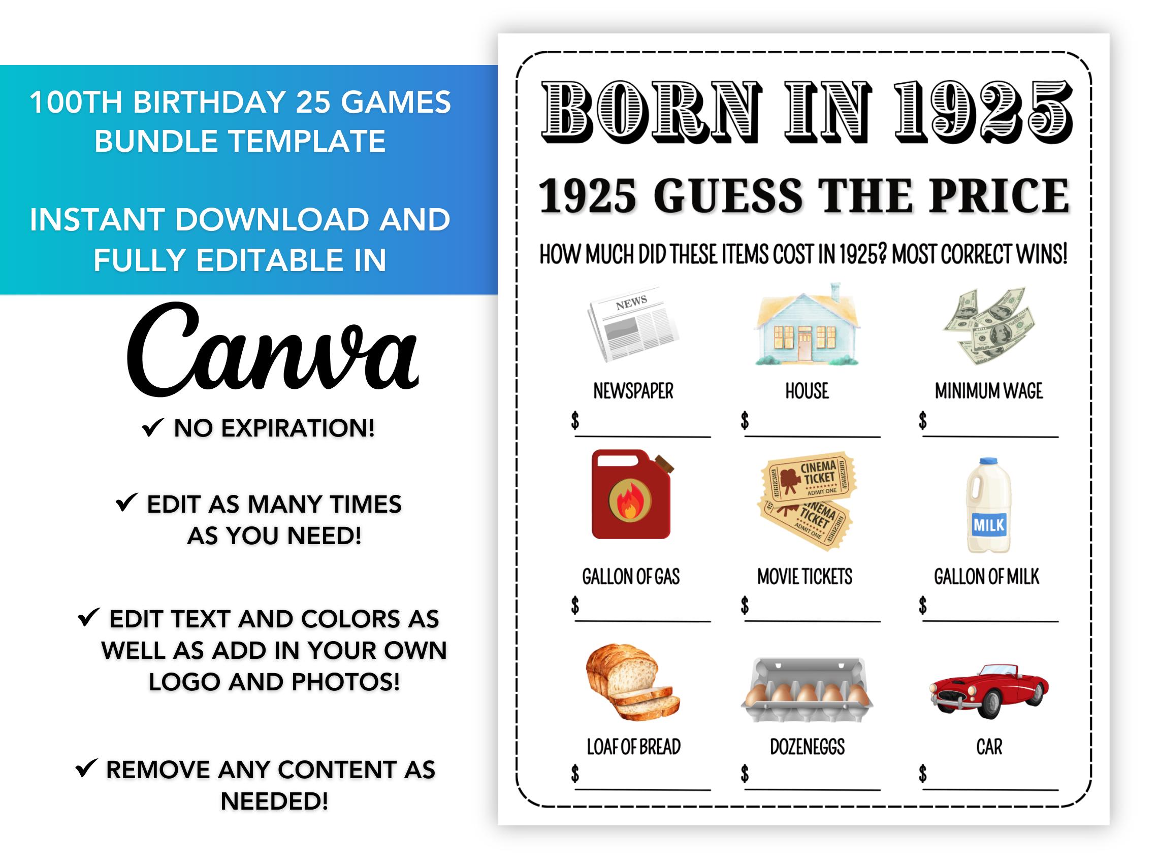 100th Birthday Party Games Bundle | Born in 1925 Games | 100th Birthday ...