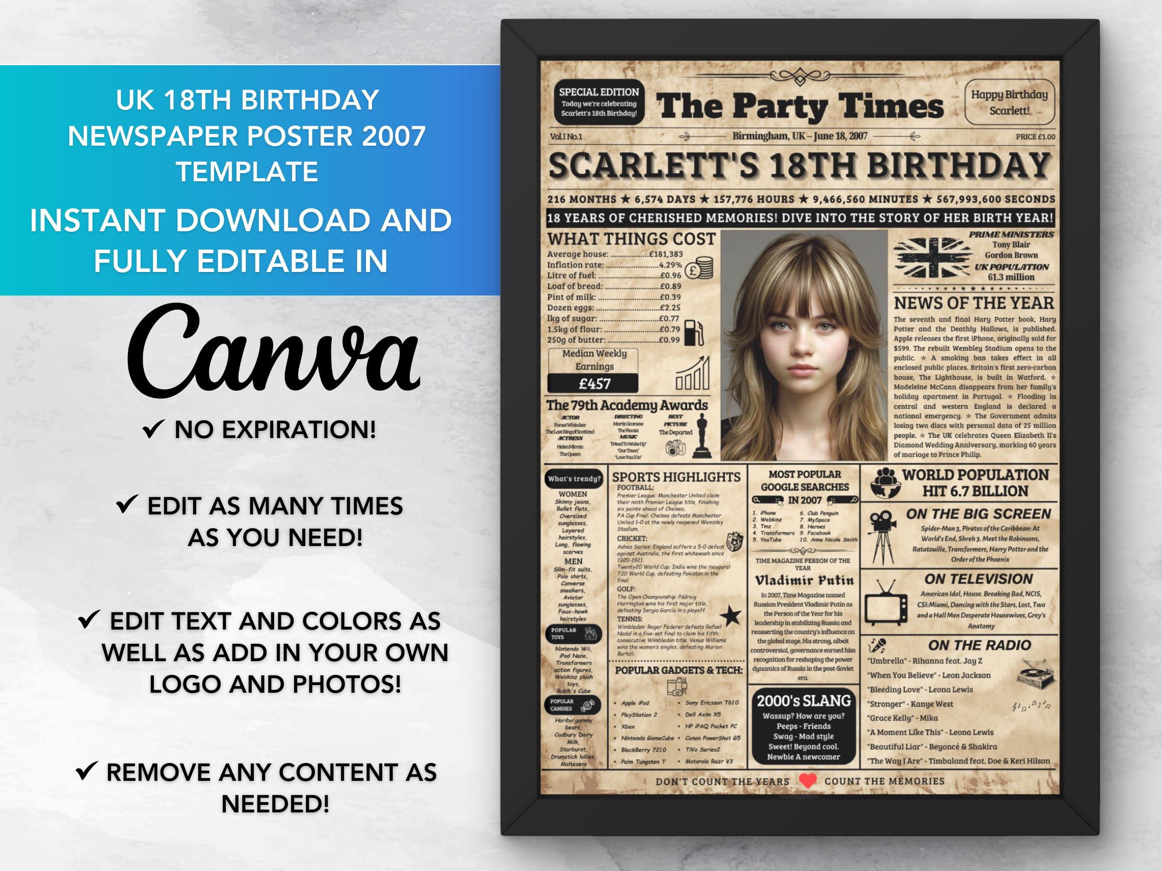 Back in 2007 UK Poster , 18th Birthday Newspaper Poster , 18th Birthday ...