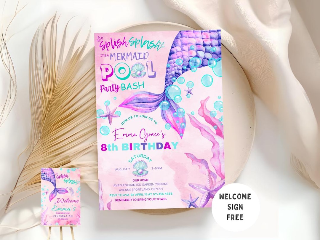 Editable Splish Splash Mermaid Pool Party Invitation, Girl Birthday ...