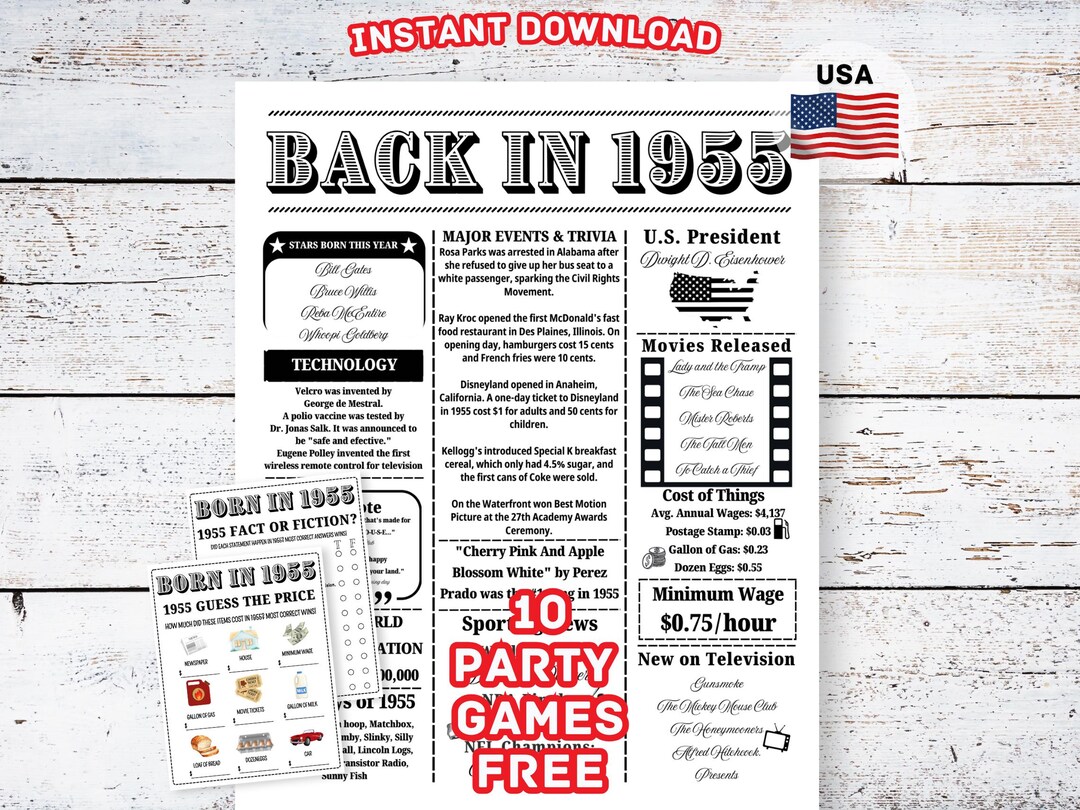 70th Birthday Trivia Sign ,back in 1955 Fun Facts, 70th Trivia 1955 ...