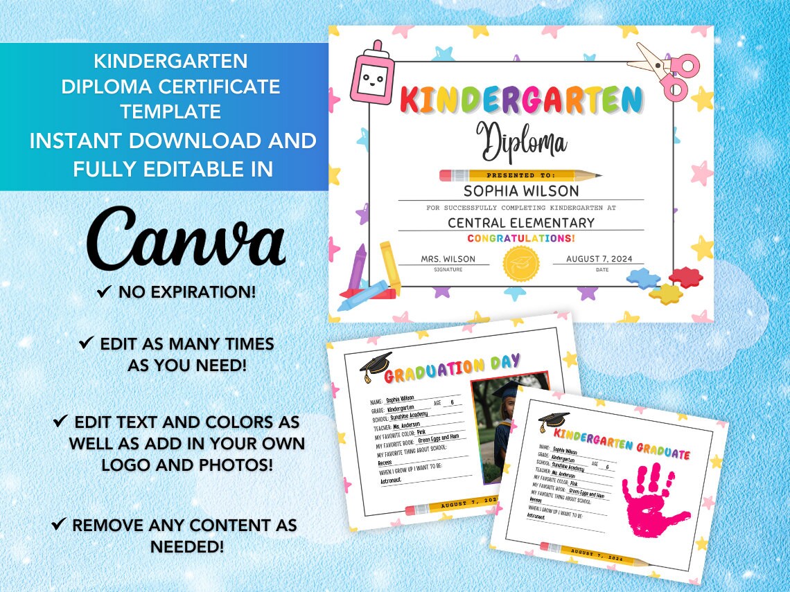 Editable Kindergarten Diploma, Kindergarten Graduation Certificate ...