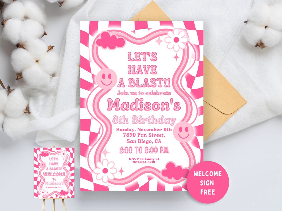 Retro Smiley Face Girl Birthday Invitation, Editable Preppy Pink Party ...