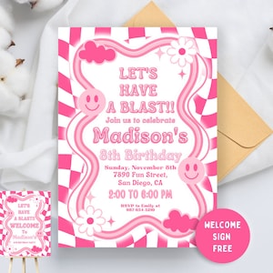 Retro Smiley Face Girl Birthday Invitation, Editable Preppy Pink Party ...
