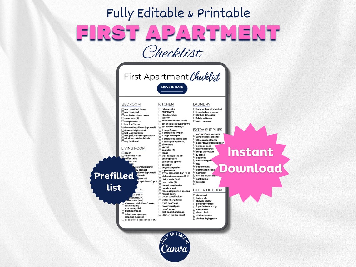 First Apartment Checklist Printable, Editable, Canva Template, Instant ...