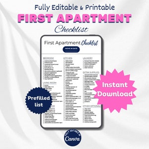 First Apartment Checklist Printable, Editable, Canva Template, Instant ...