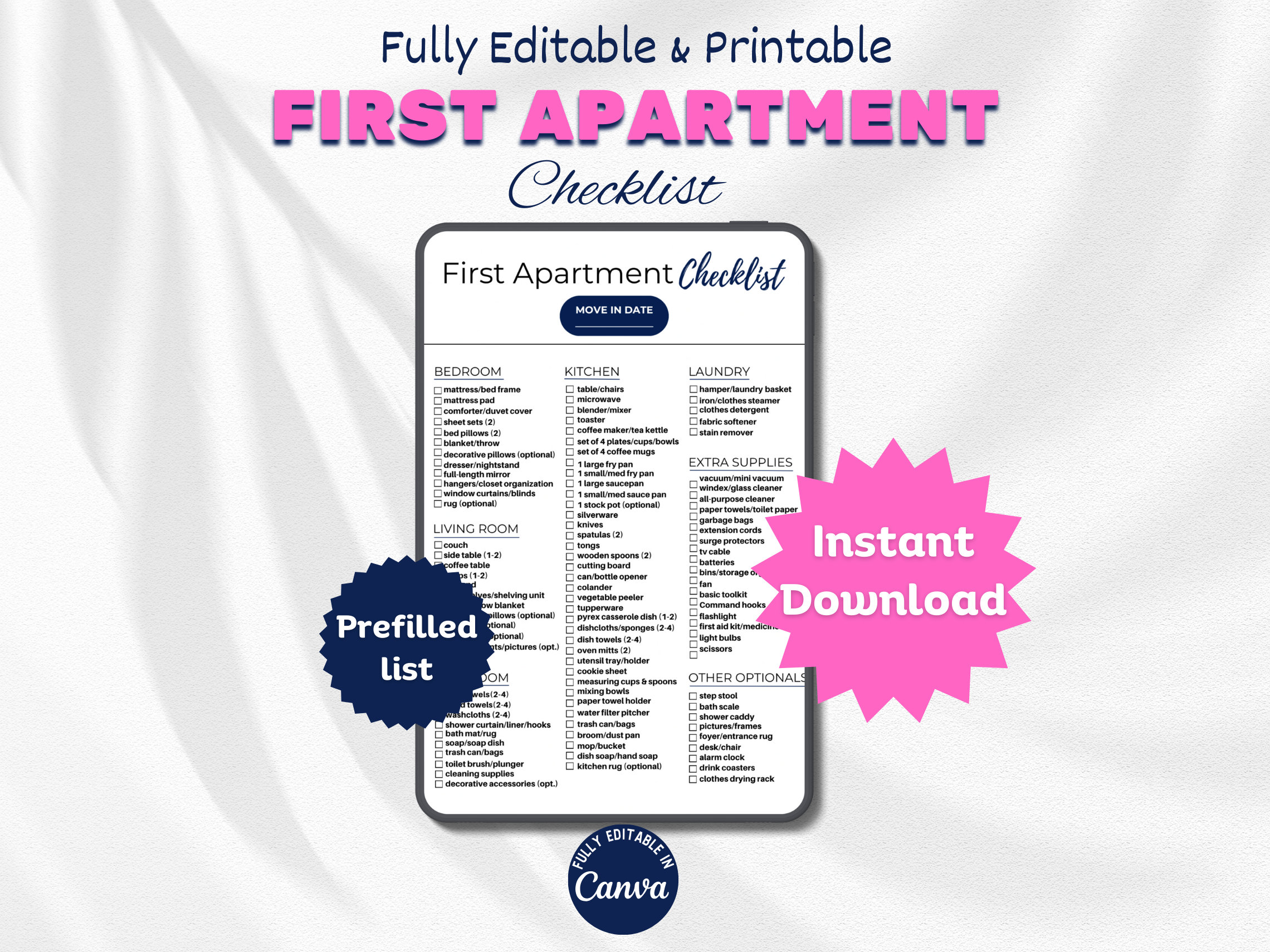 First Apartment Checklist Printable, Editable, Canva Template, Instant ...