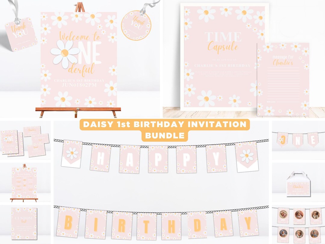 Daisy Onederful Birthday Invitation Bundle , Pink Daisy 1st Birthday ...