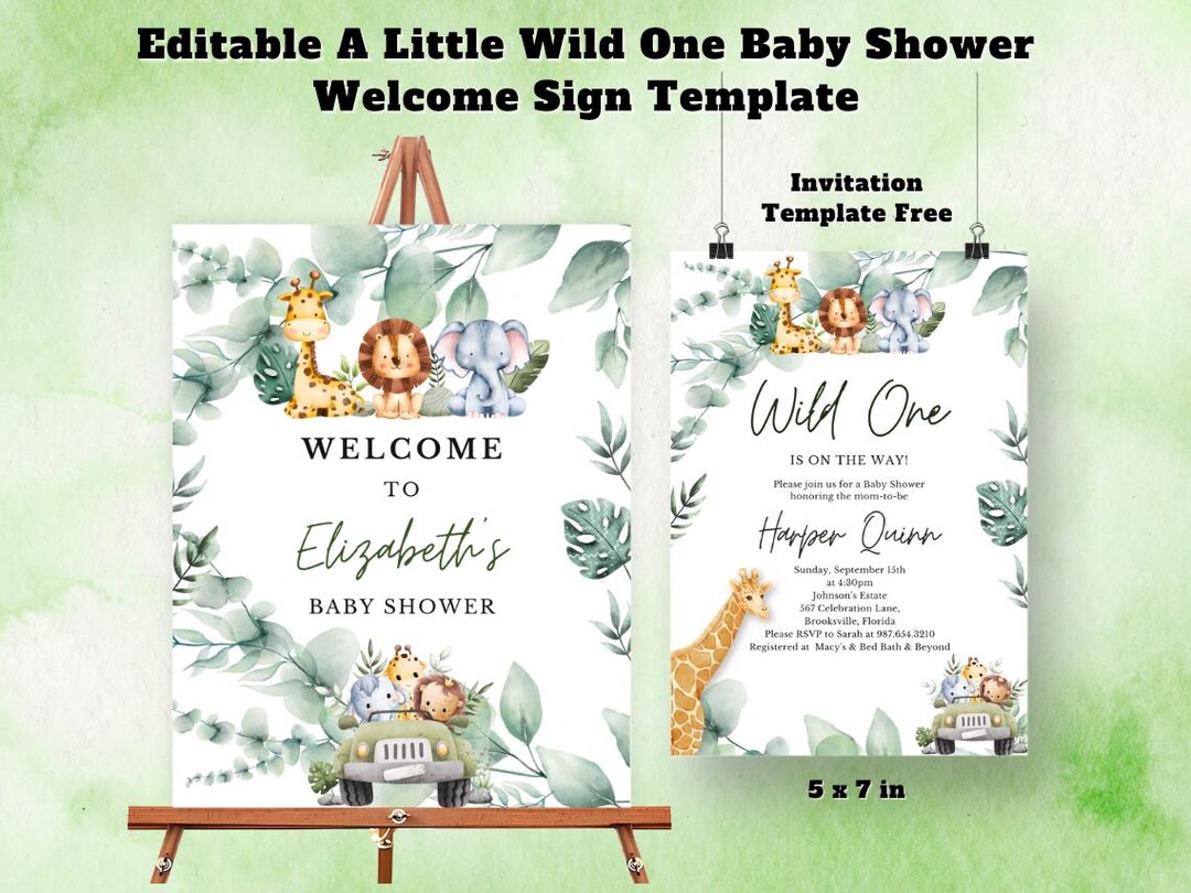 Editable A Little Wild One Baby Shower Welcome Sign, Safari Jungle Baby ...