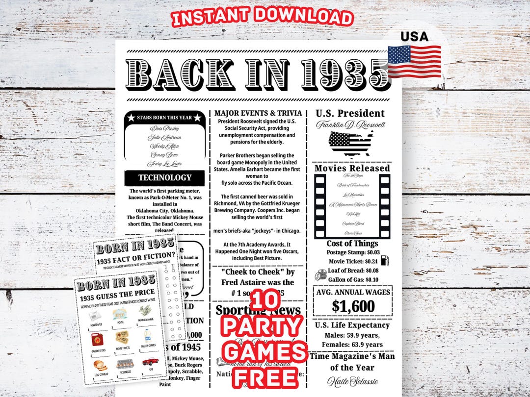 90th Birthday Trivia Fun Facts Back in 1935 Sign With 90th Birthday ...