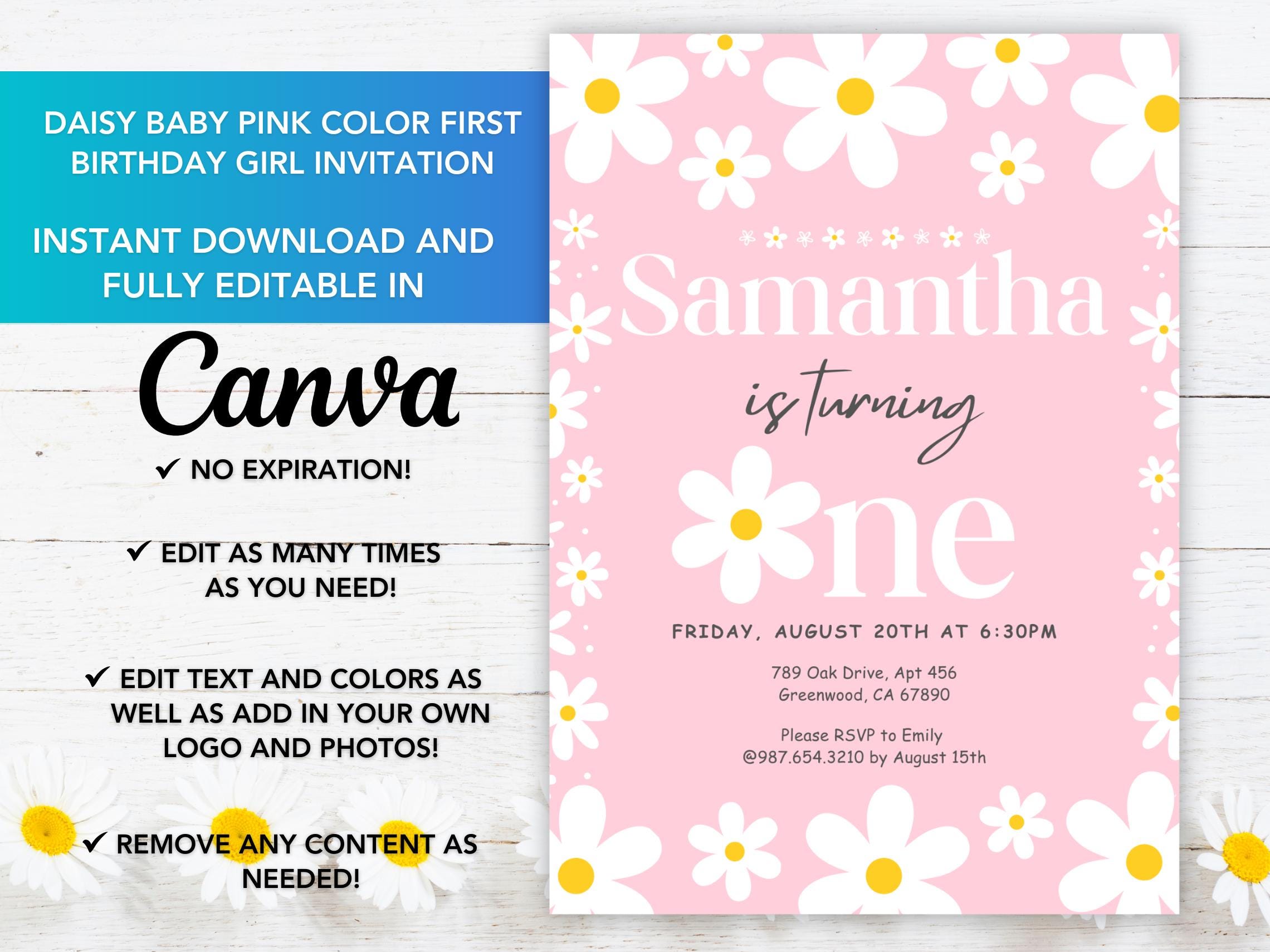 Daisy 1st Birthday Invitation, First Birthday Girl Invitation, Retro ...