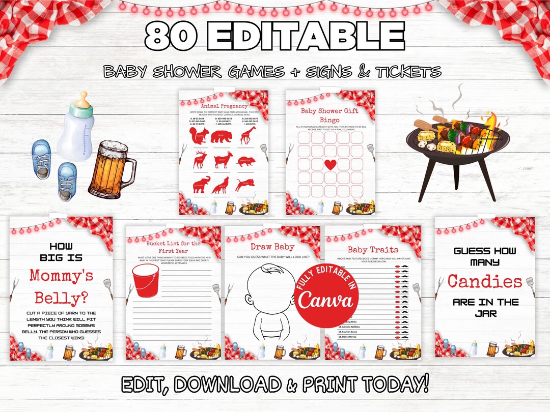 Editable Red Baby-q Baby Shower Games Bundle | Printable Backyard BBQ ...