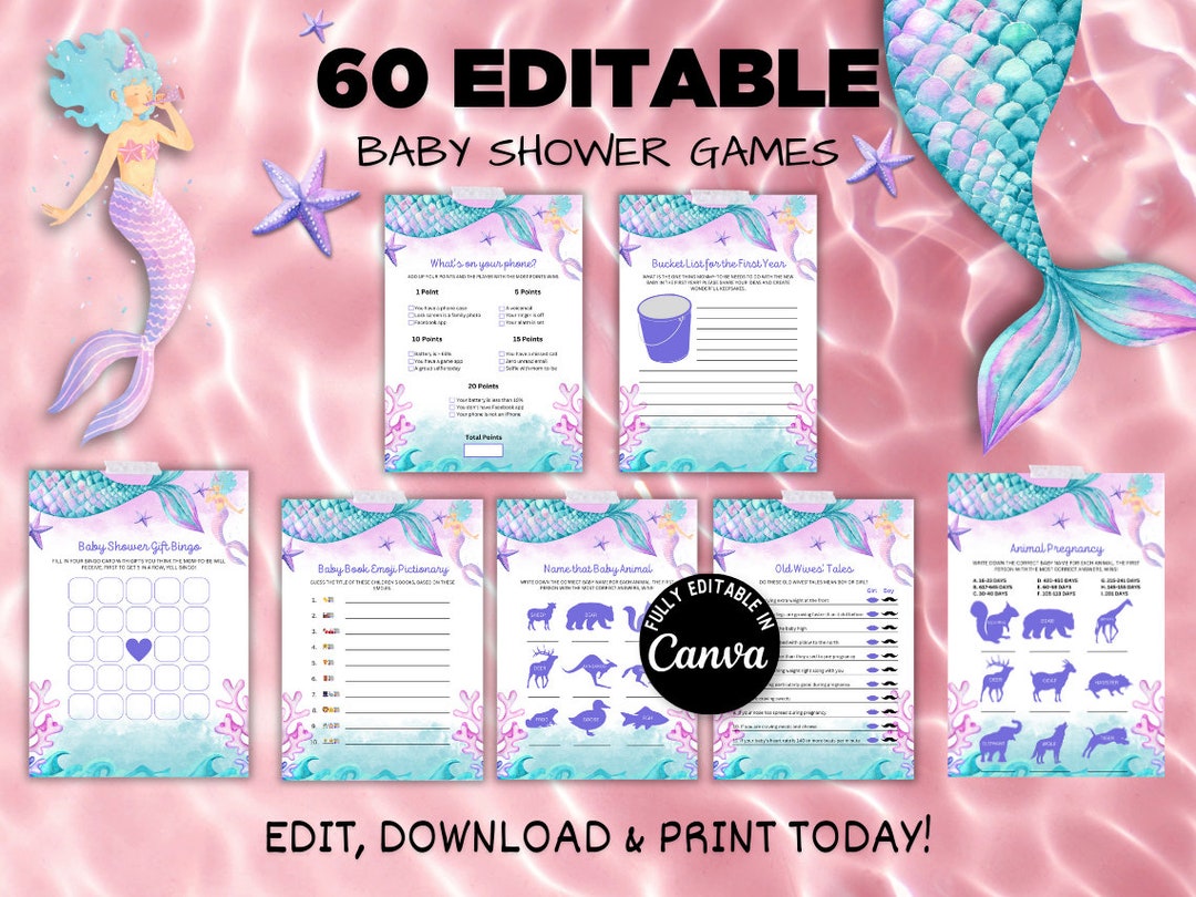 60 Editable Mermaid Baby Shower Game Bundle, Under the Sea Baby Shower ...