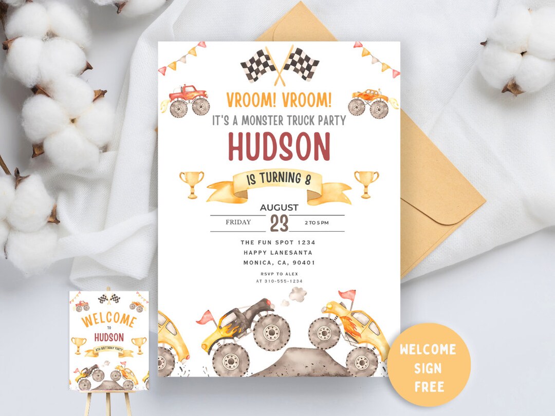 Monster Truck Birthday Invitation,kids Vehicles Party,editable Modern ...