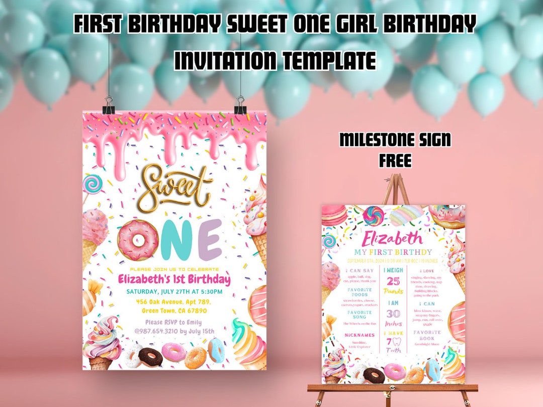 Sweet One Birthday Invitation, First Birthday Girl Invitation, Candy ...
