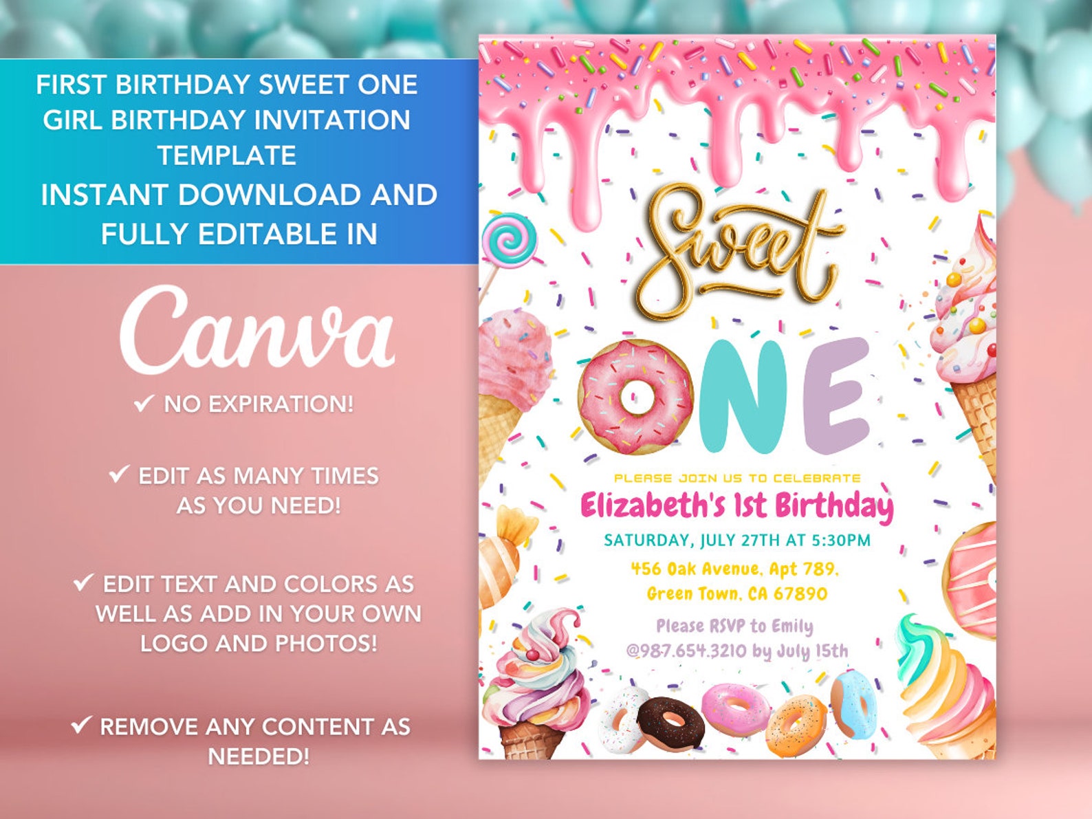 Sweet One Birthday Invitation, First Birthday Girl Invitation, Candy ...