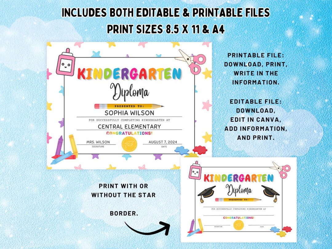 Editable Kindergarten Diploma, Kindergarten Graduation Certificate ...