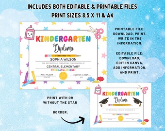 Editable Kindergarten Diploma, Kindergarten Graduation, Certificate ...