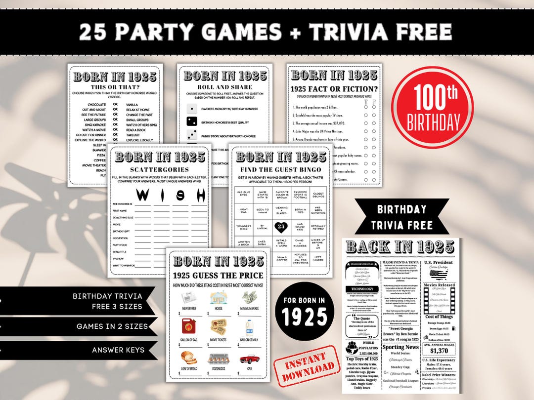 100th Birthday Party Games Bundle | Born in 1925 Games | 100th Birthday ...