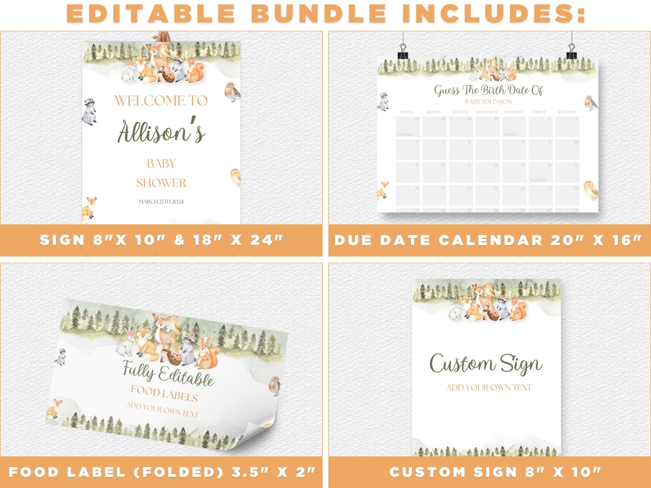 Woodland Baby Shower Mega Bundle, Editable Woodland Animal Baby Shower ...