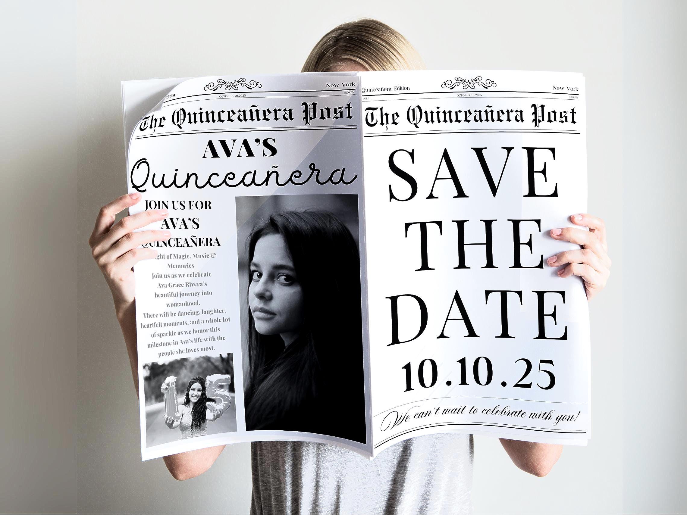 Editable Quinceañera Save the Date Newspaper Template | Newspaper Sweet ...