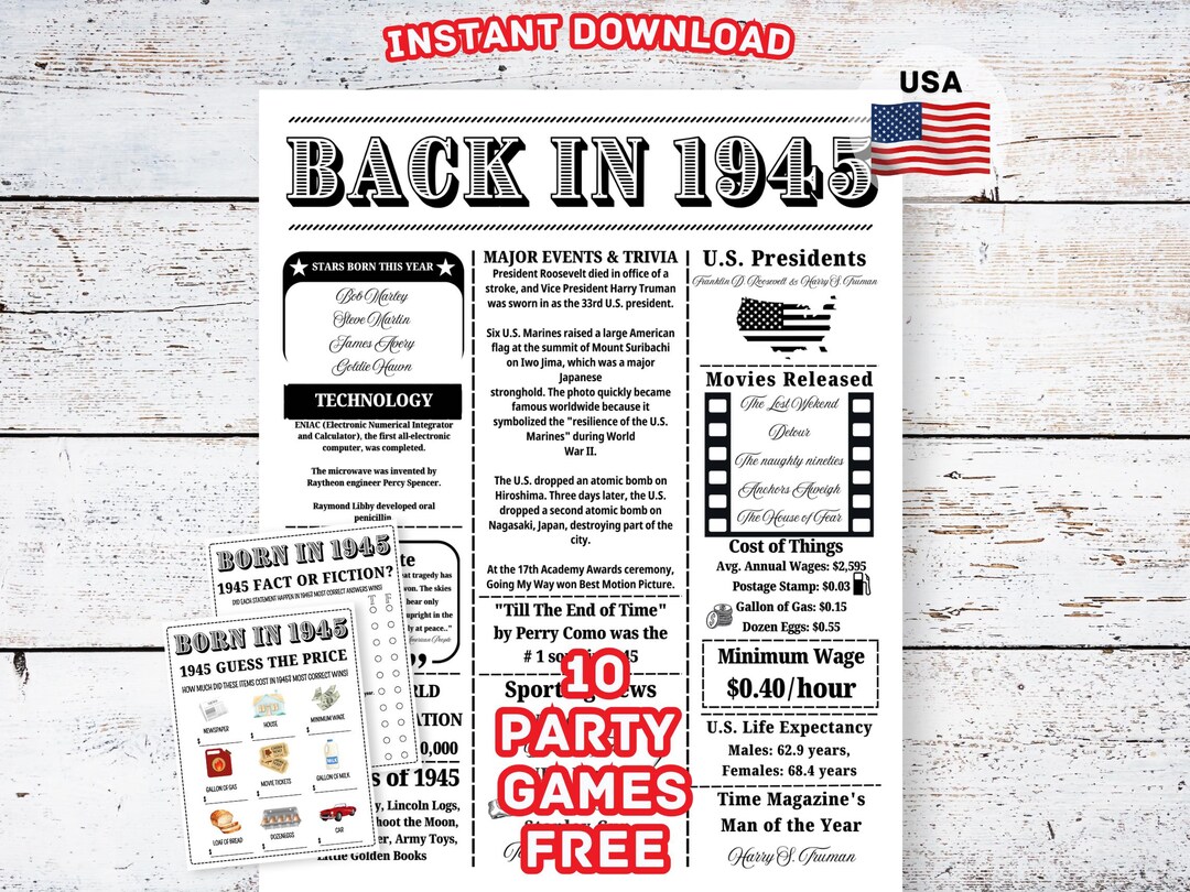 80th Birthday Trivia Fun Facts Back in 1945 | 80th Birthday Sign | 80th Birthday Party ...