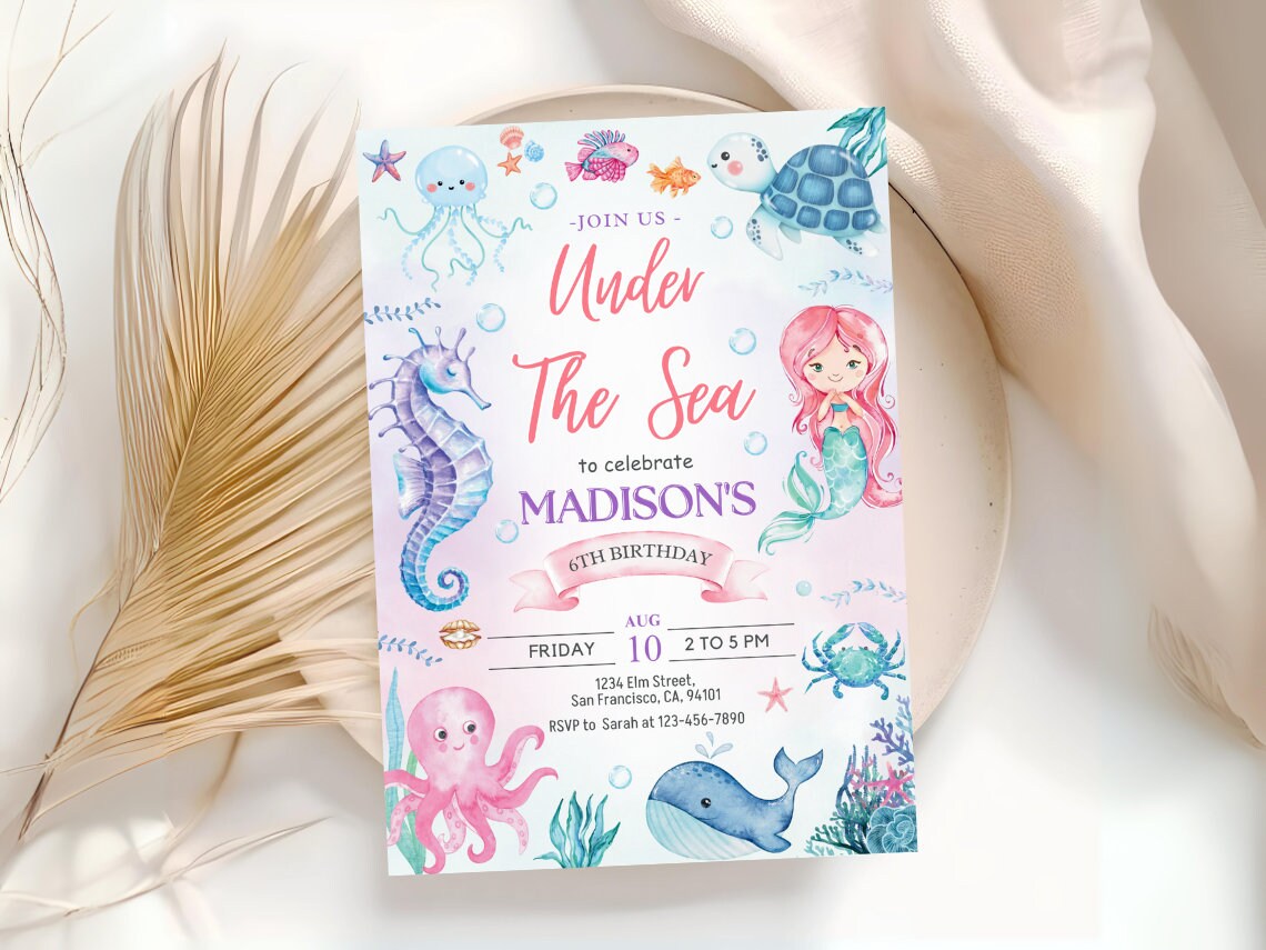 Editable Mermaid Birthday Invitation, Pink Mermaid Invite, Under the ...