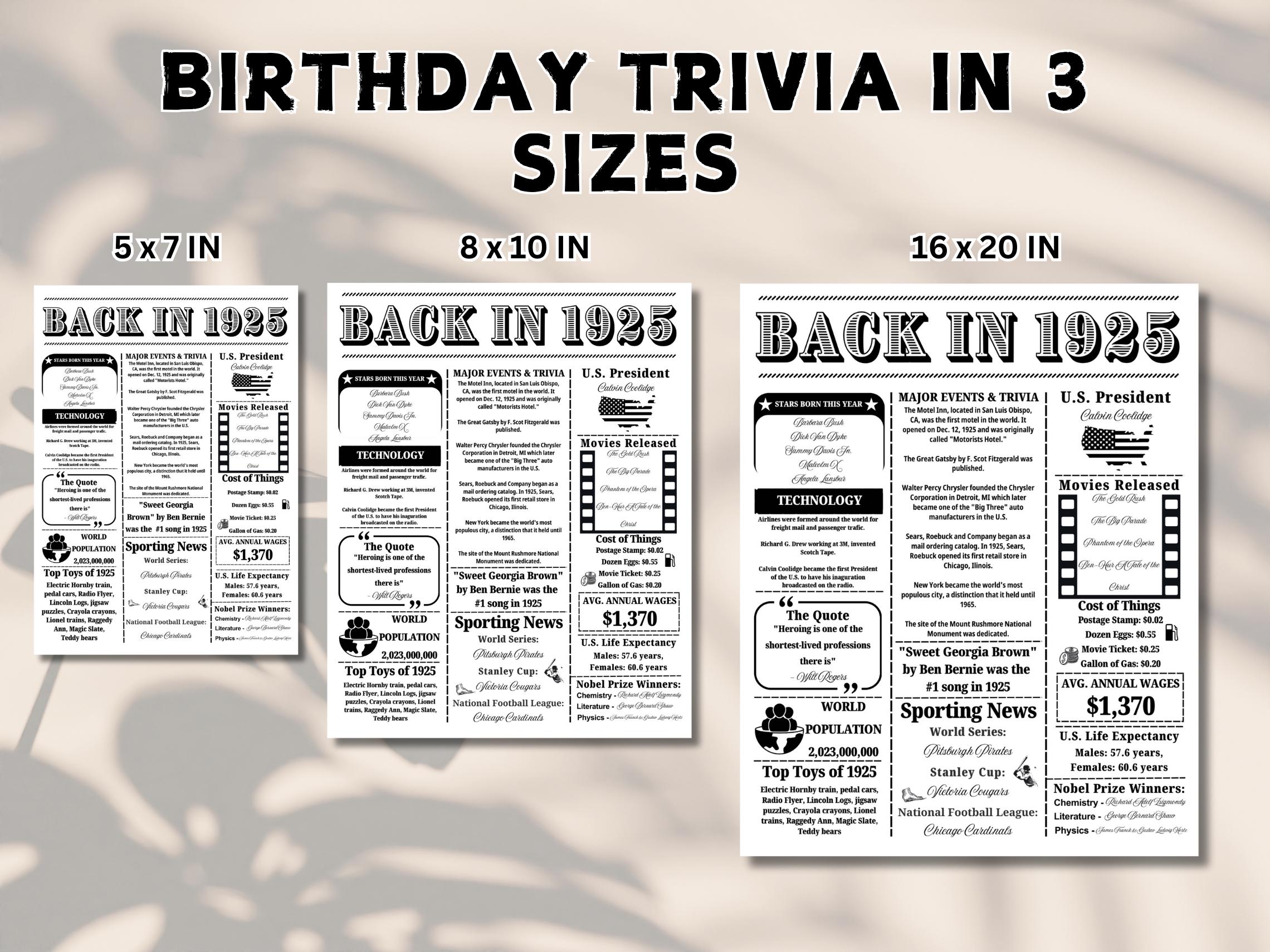 100th Birthday Party Games Bundle | Born in 1925 Games | 100th Birthday ...
