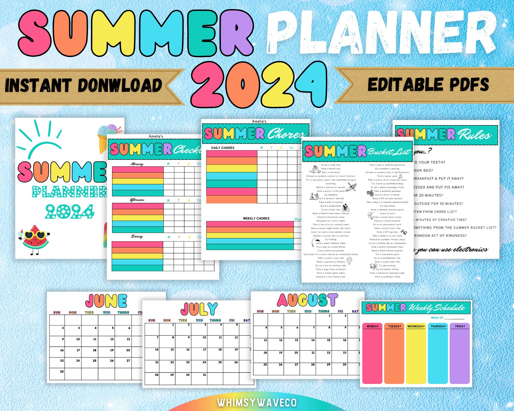 Printable Editable SUMMER 2024 Planner Bundle Summer Calendar Summer ...
