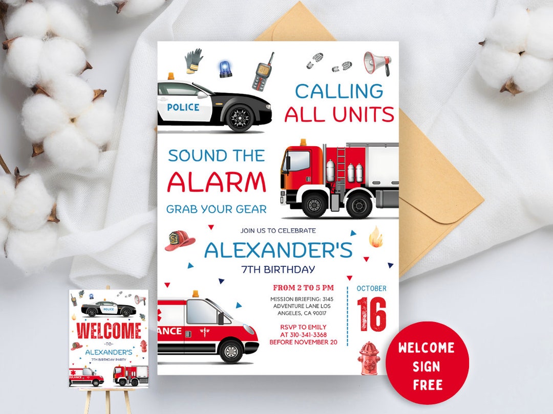 Emergency Vehicles Birthday Invitation, Fire Truck Birthday,editable ...