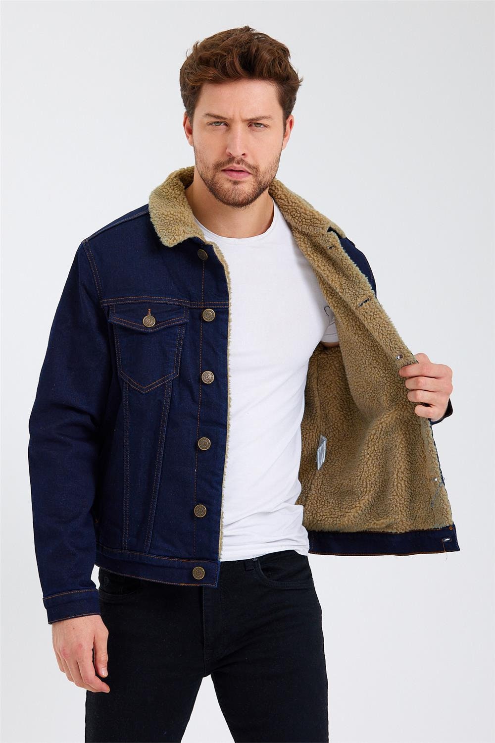Explode Mens Fur Lined Denim Jacket Navy Bluedenim Jacketman Jacketjacket Etsy