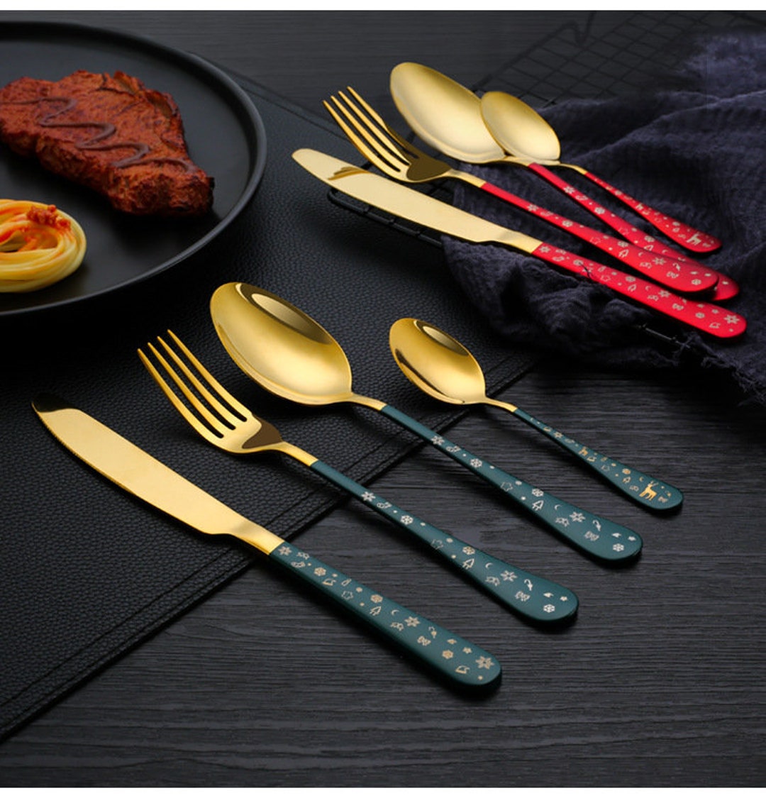 Christmas Laser Engraved Cutlery Sets Set of 4 Red or Green on Gold - Etsy