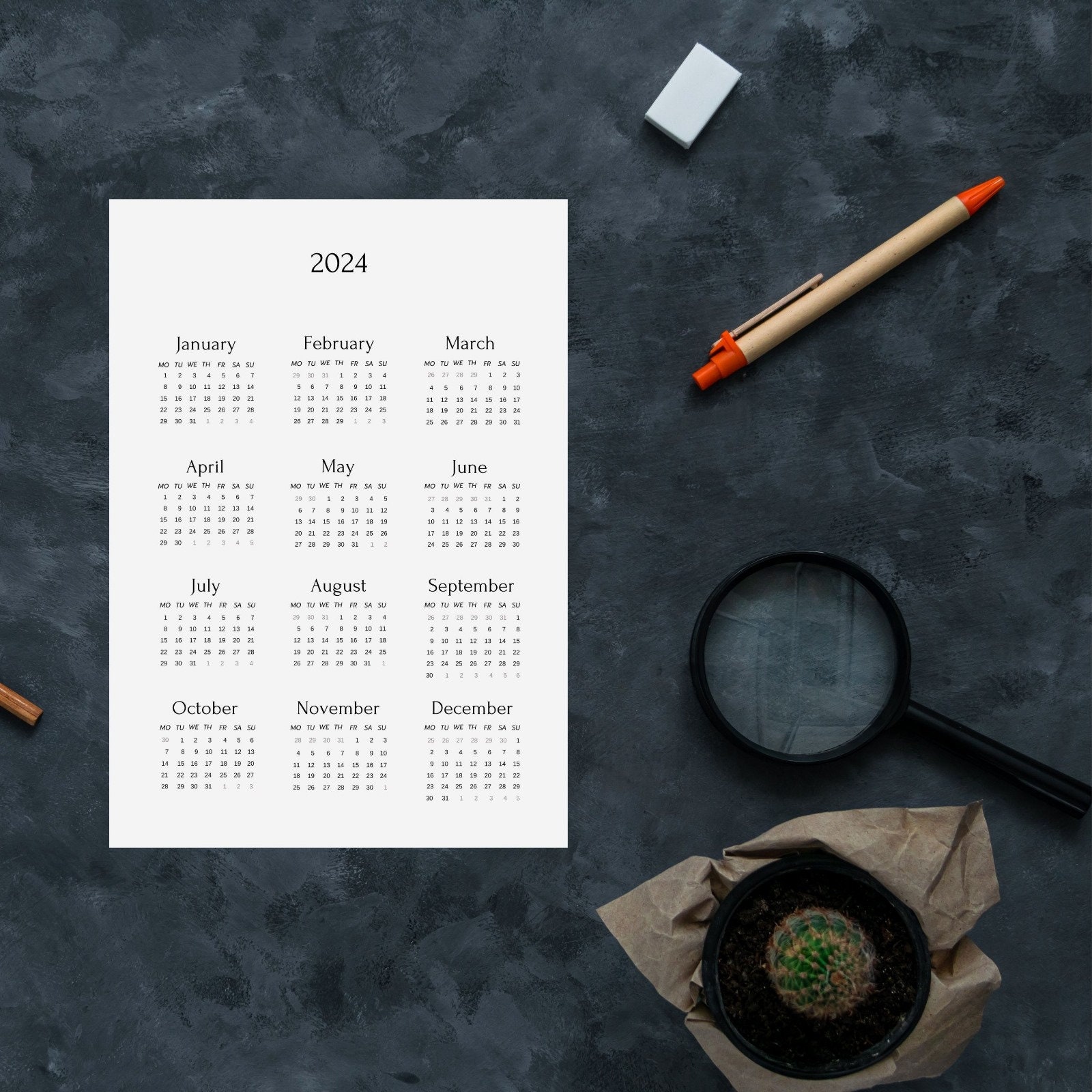 2024 Year Monday Start Calendar Printable, Yearly Calendar 2024, Year ...