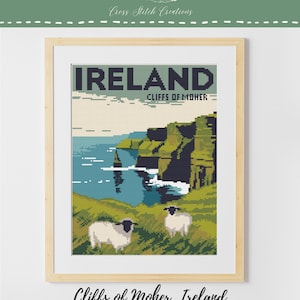 Vintage Travel Ireland Cross Stitch Pattern - Cliffs of Moher Cross ...