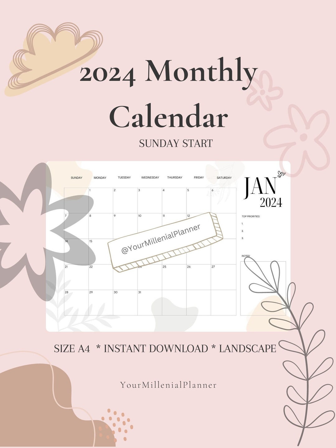 2024 Calendar Printable PDF A4 Landscape Minimalist Template Instant ...