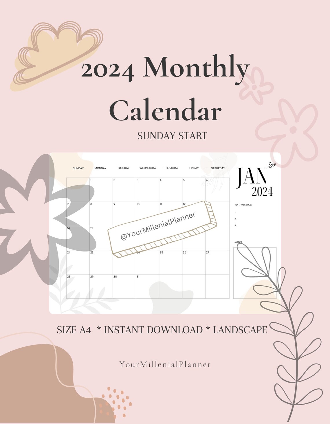 2024 Calendar Printable PDF A4 Landscape Minimalist Template Instant ...