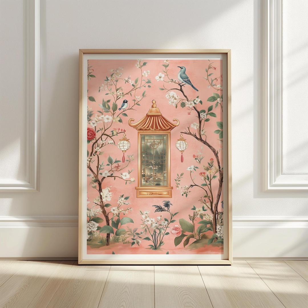 Japanese Chinoiserie Wall Art Pink Floral Printable Wall Art Trendy ...
