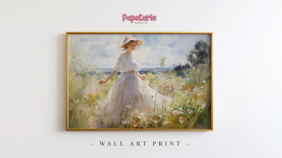 Vintage Spring Girl in Meadow Painting: Farmhouse Floral Print (digital ...