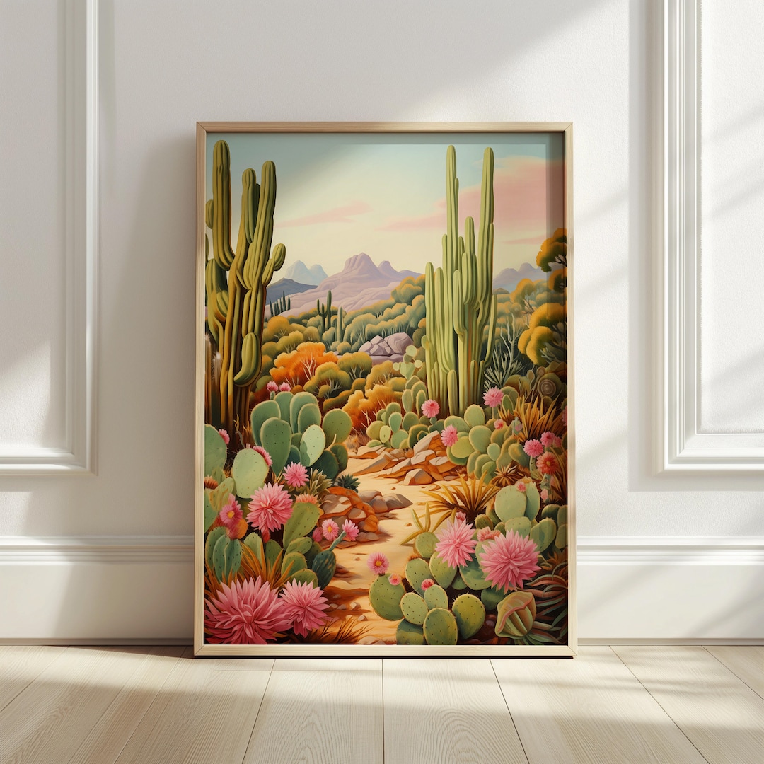 Desert Cactus Floral Art Print: Pink Flower Landscape (digital Download ...